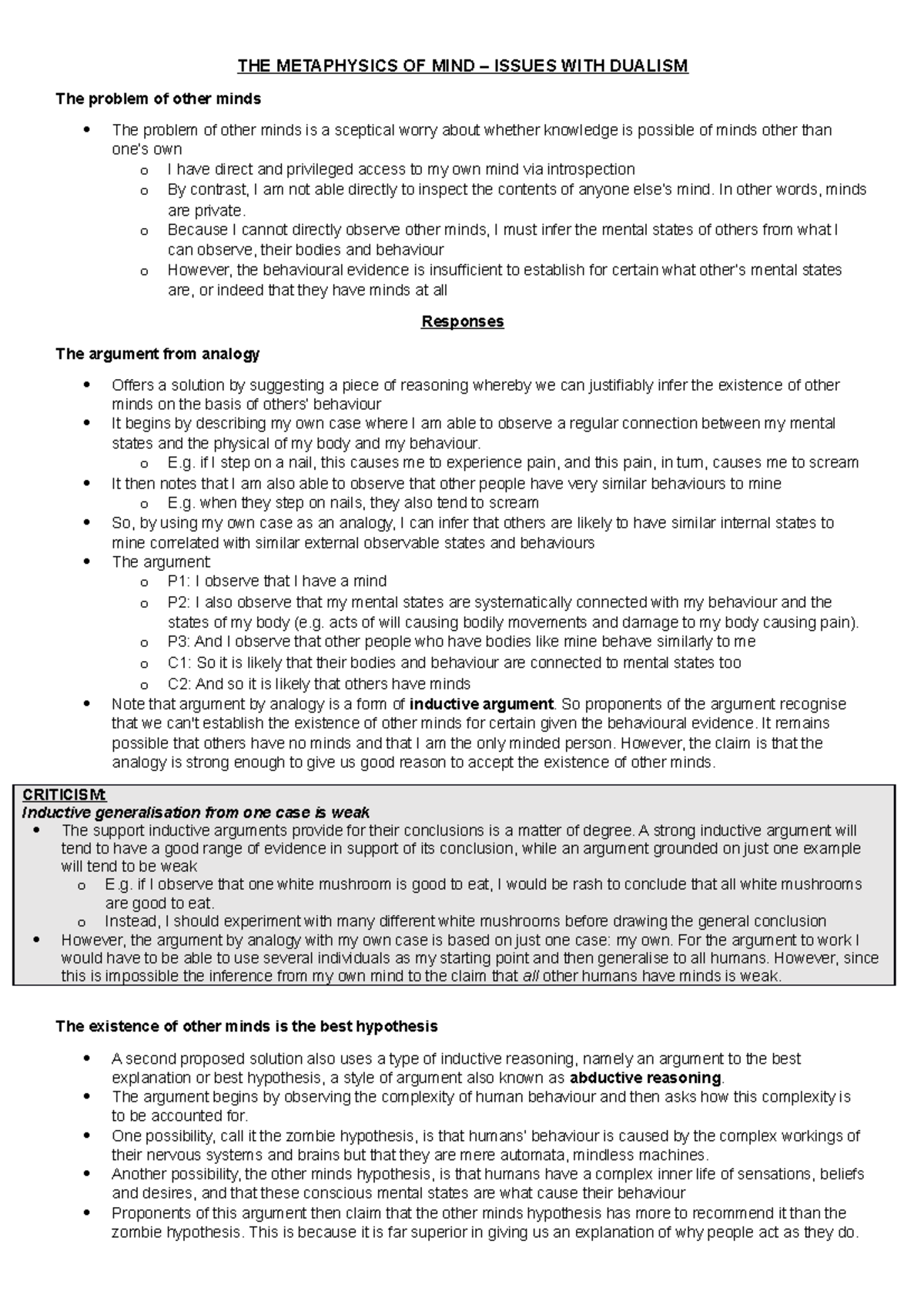 Notes (revision guide) 3 - Issues with dualism - THE METAPHYSICS OF ...