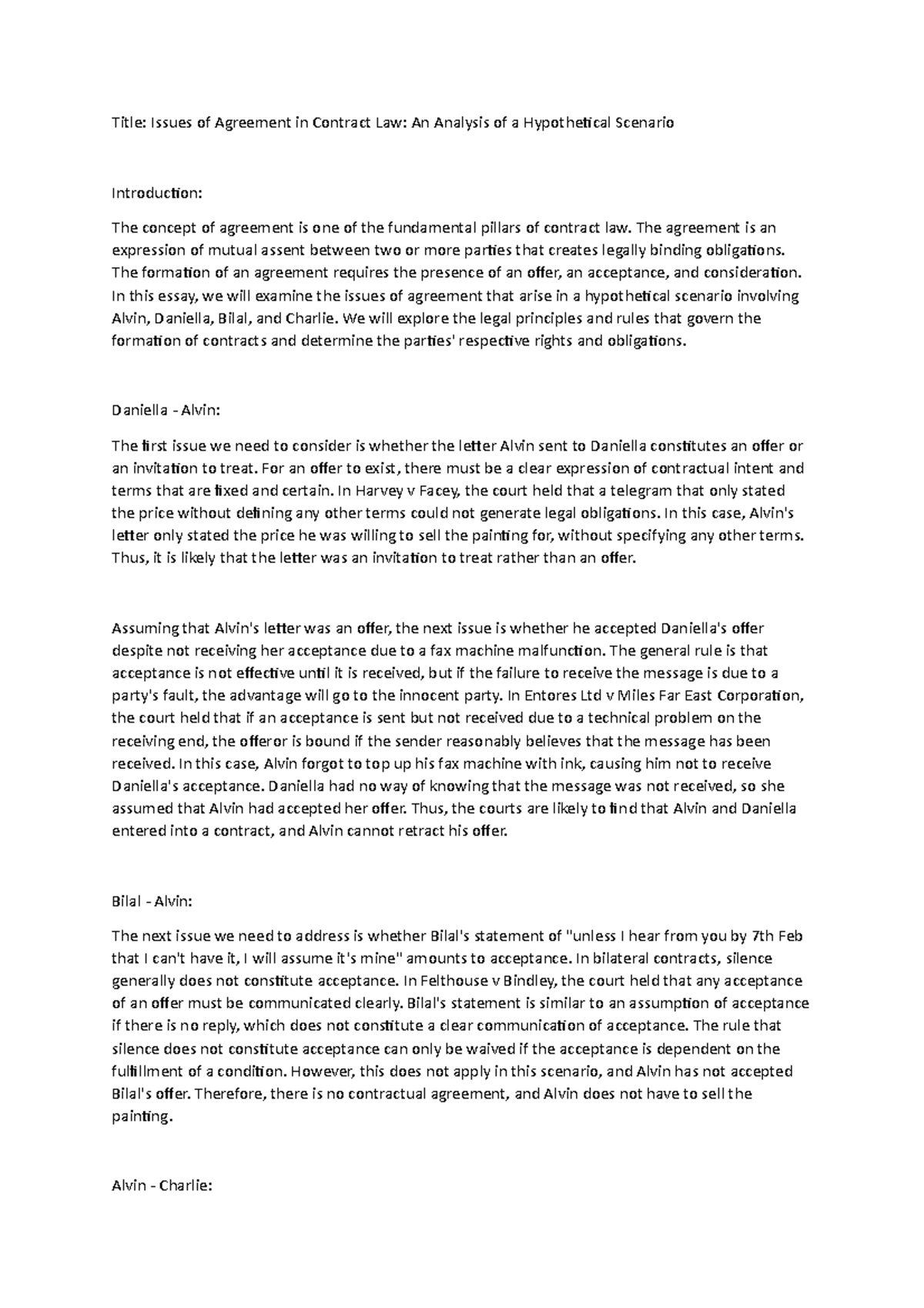 Contract law essay type answer - Title: Issues of Agreement in Contract ...