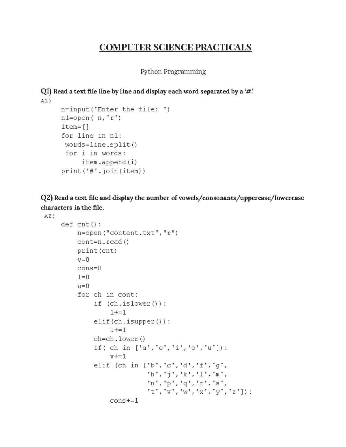 Computer Science Practicals Grade 12 Computer Science Practicals Python Programming Q1 Read A