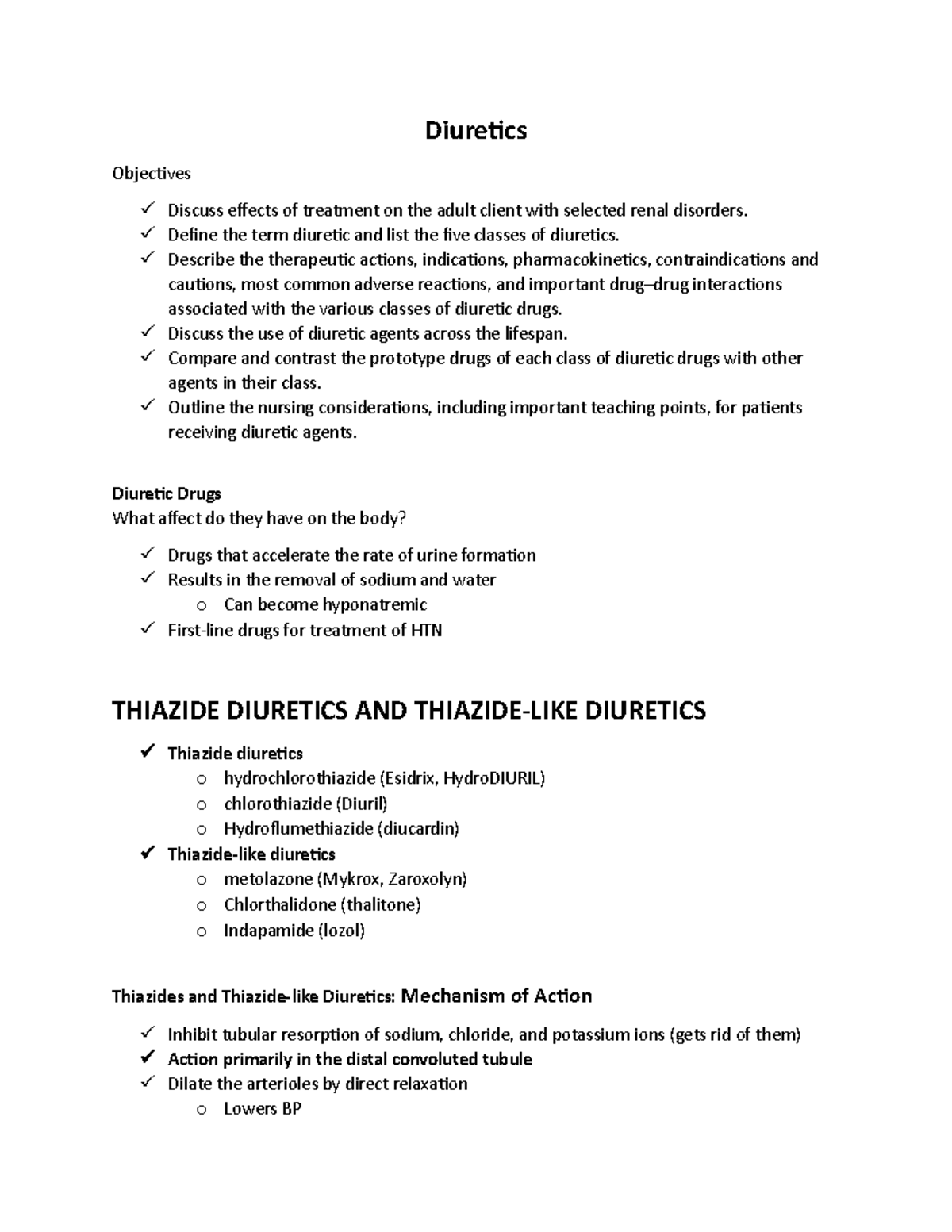 Diuretics Lecture outline - NUR152 - EMCC - Studocu