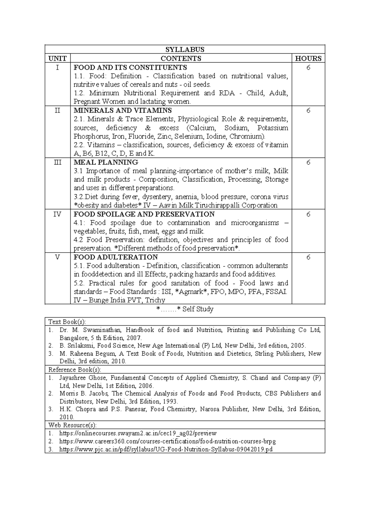 study subject in food and nutrition - SYLLABUS UNIT CONTENTS HOURS I ...