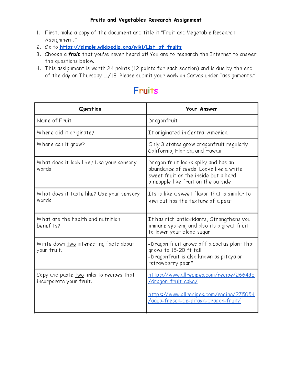 Fruits and Vegetables Research Project - Fruits and Vegetables Research ...