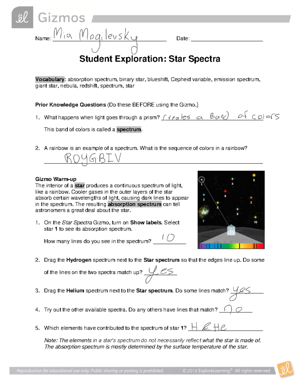 Star Spectra SE - chemistry gizmo on star spectrum. - 2019 Name: - Studocu