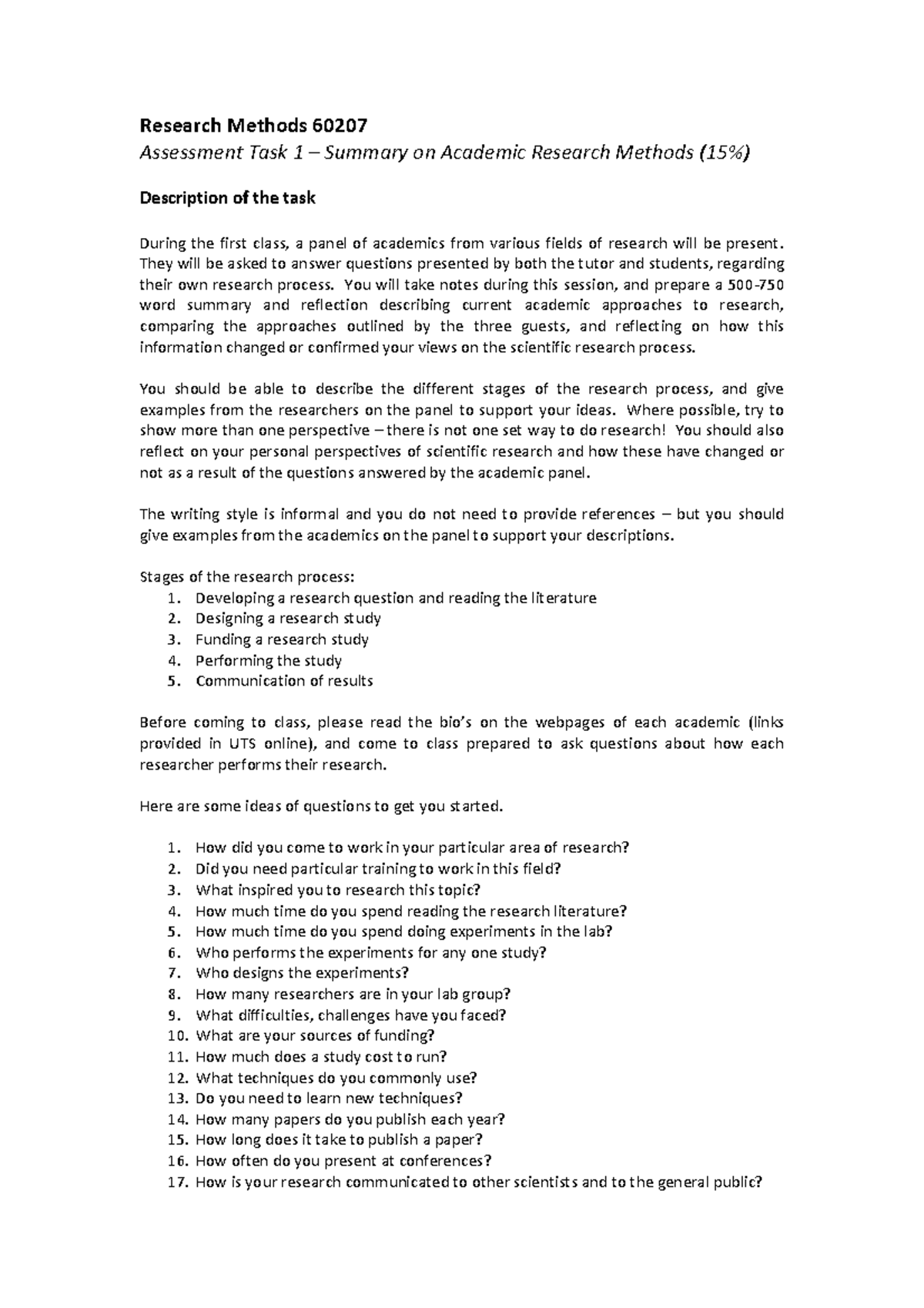 Assessment Task 1 – description - Research Methods 60207 Assessment ...