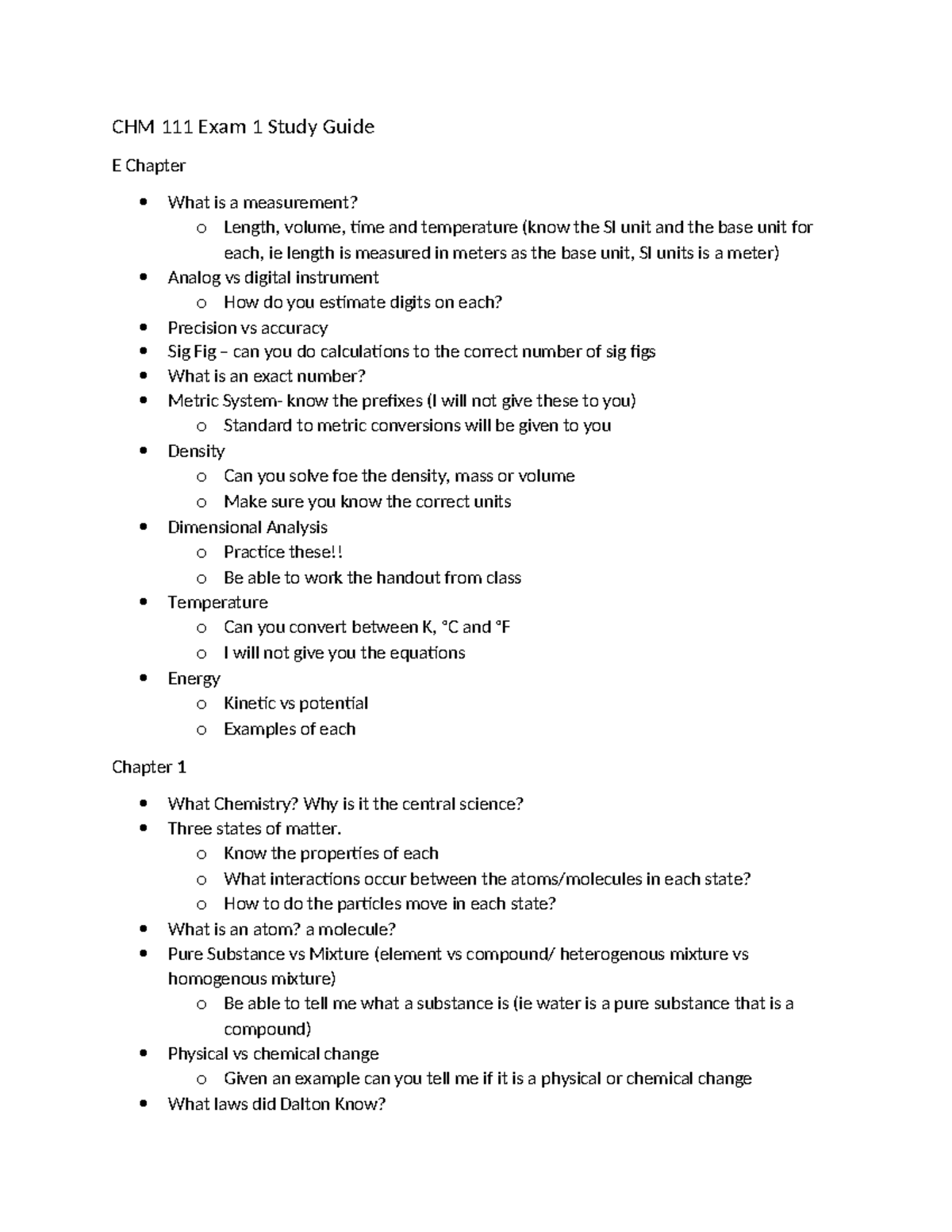 CHM 111 Exam 1 Study Guide -2 - CHM 111 Exam 1 Study Guide E Chapter ...