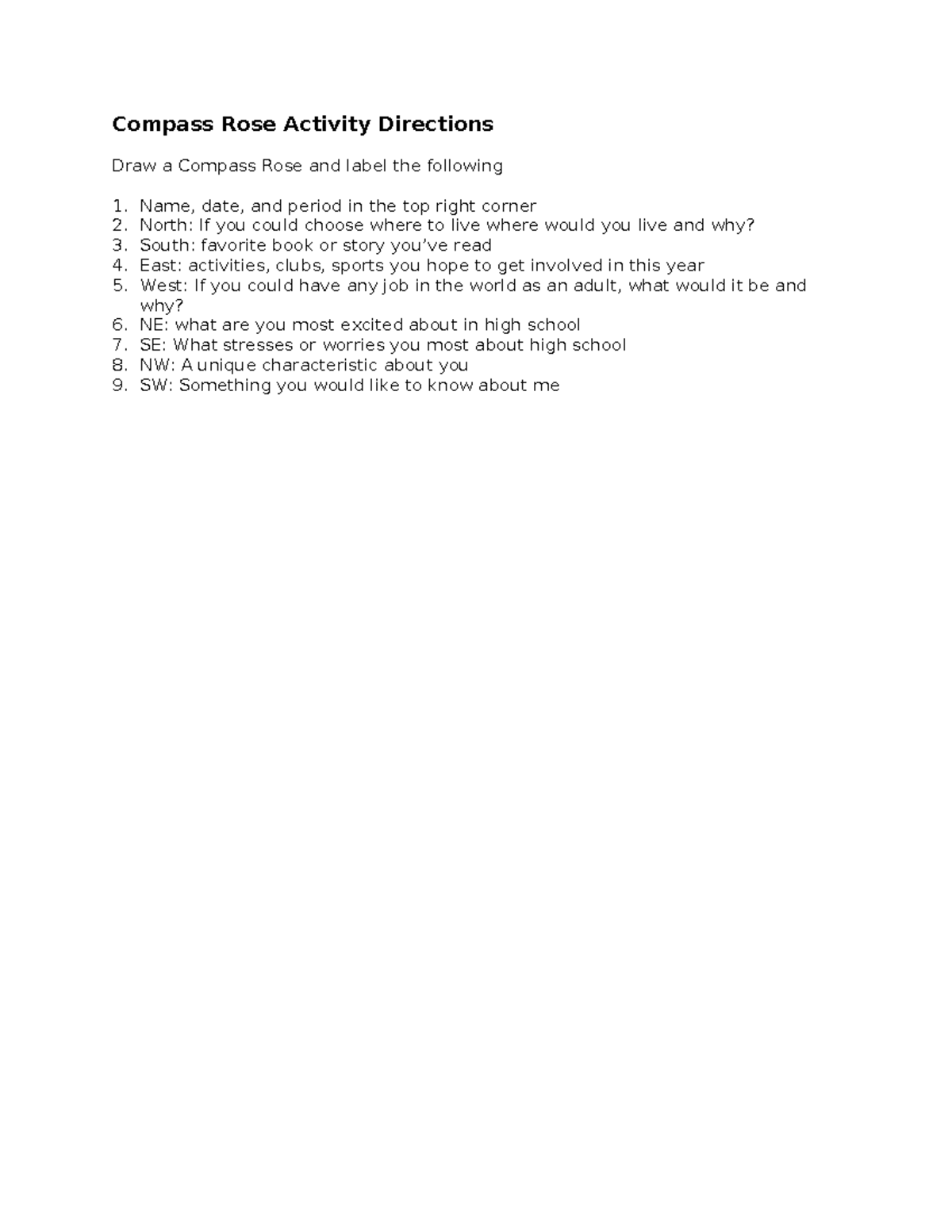 AP Hu G Compass Rose Activity - Compass Rose Activity Directions Draw a ...