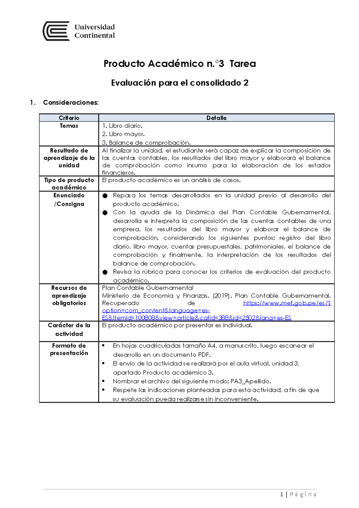 PA03 Tarea Contabilidad Gubernamental - Producto Académico n.°3 Tarea Evaluación para el ...
