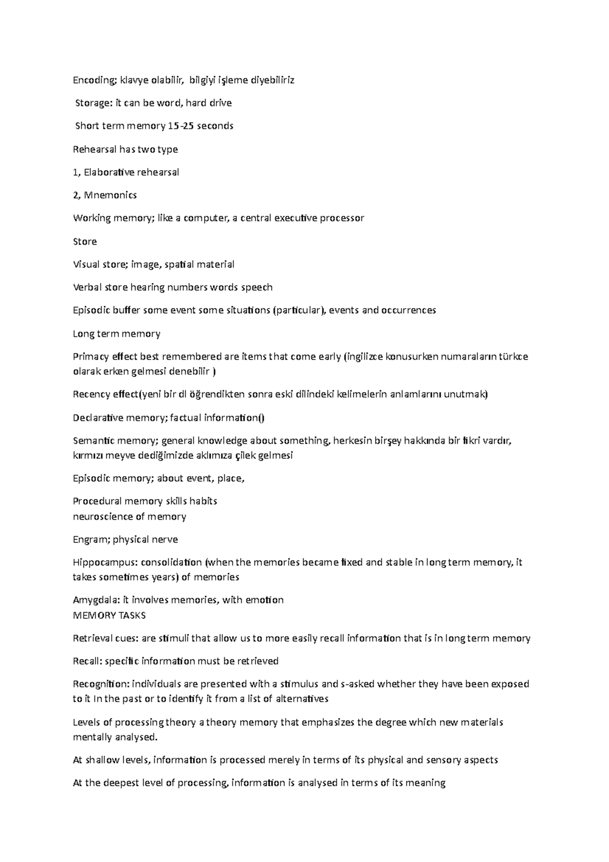 Memory Part Psyc101 Summary Of Psyc 101 Encoding Klavye Olabilir