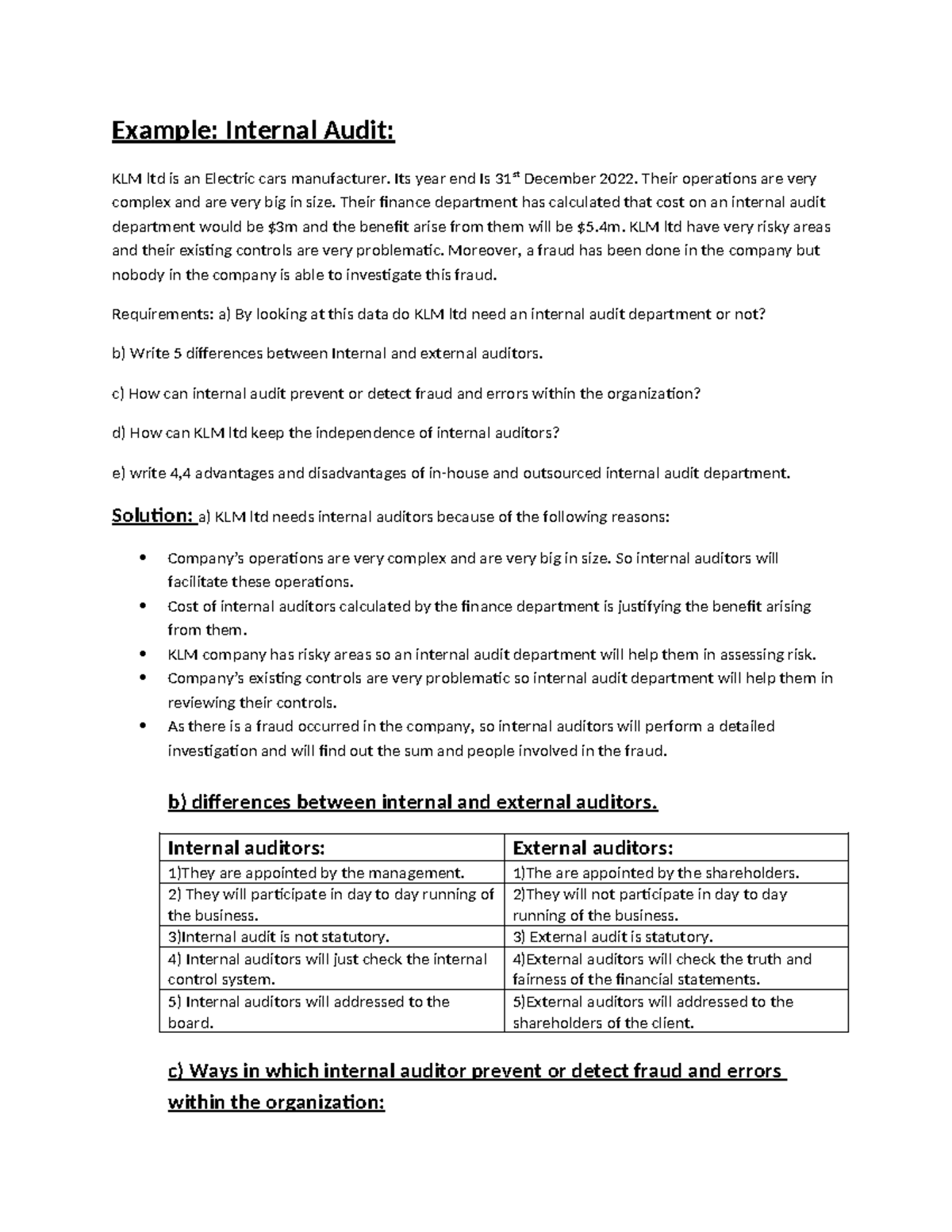 Internal audit - Example: Internal Audit: KLM ltd is an Electric cars ...