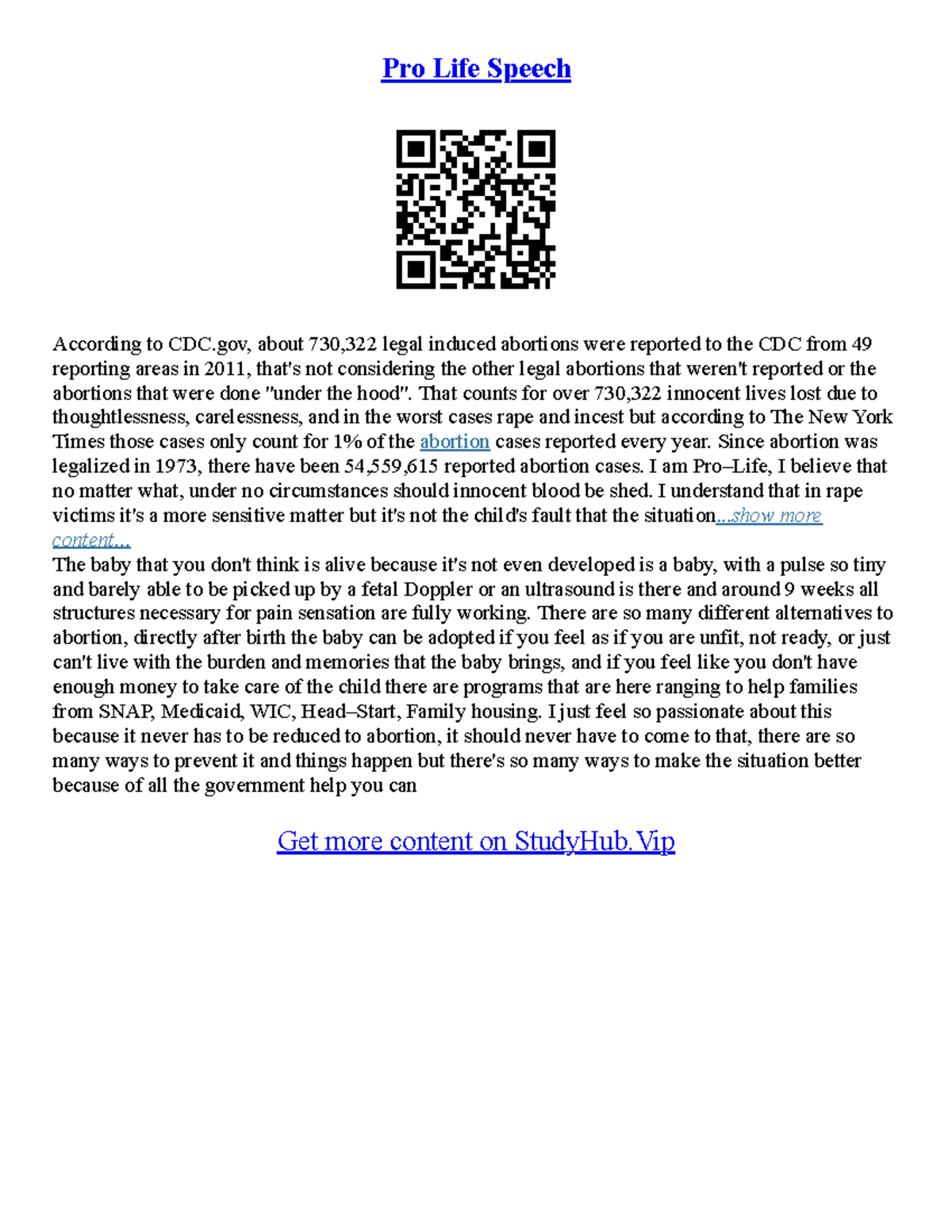 Pro Life Essay Pro Life Essay - Pro Life Speech According to CDC, about ...