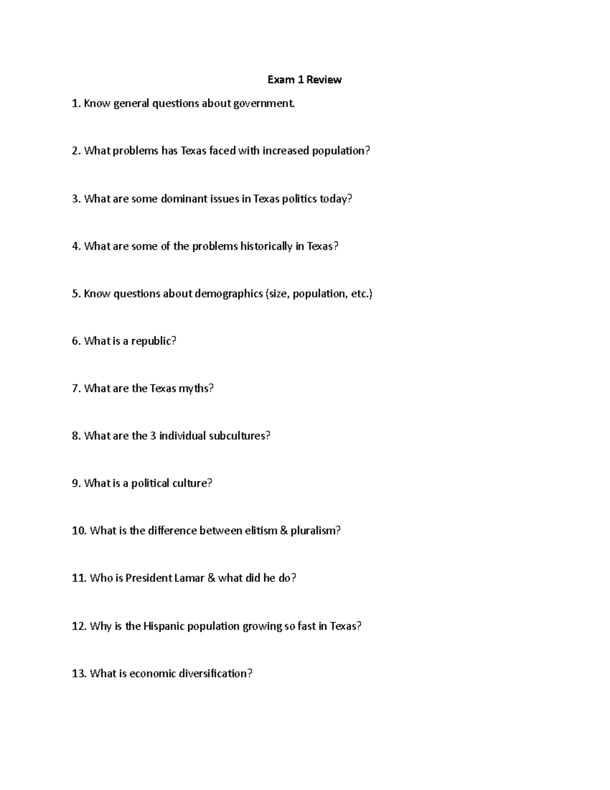 Exam 1 Review - Professor: Ralph Hendrickson - Know general questions ...