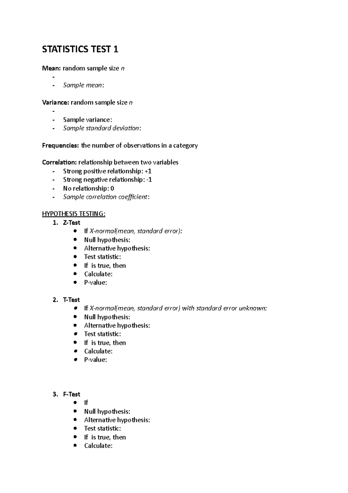 Stats TEST 1 Notes - STATISTICS TEST 1 Mean: random sample size n ...