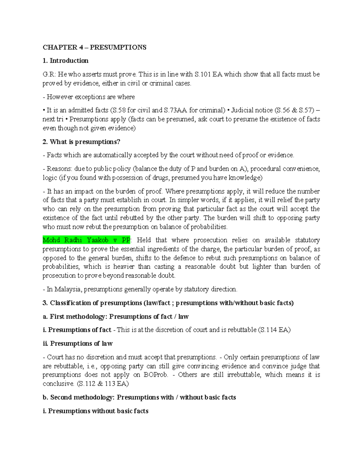 Chapter 4 Presumptions - CHAPTER 4 – PRESUMPTIONS Introduction G: He who asserts must prove ...