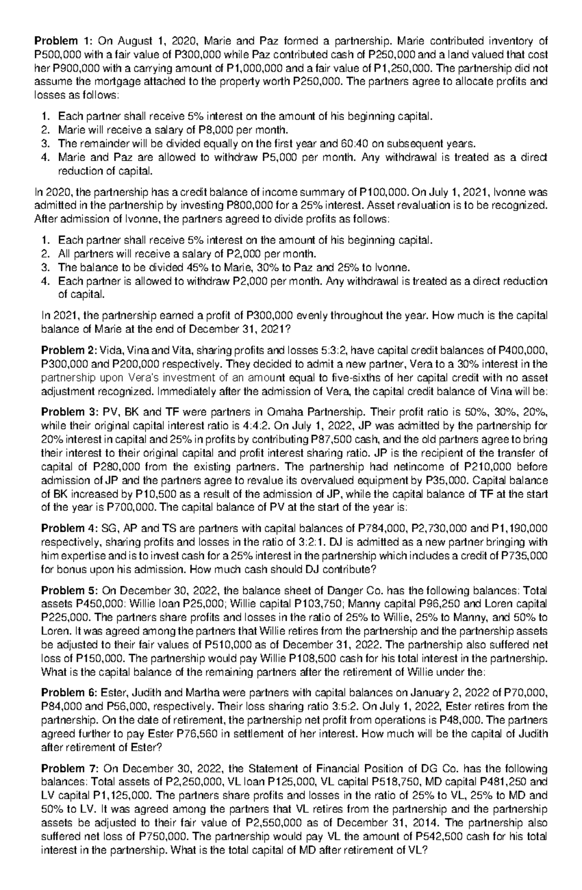 Partnership Dissolution Practice Problems - Problem 1: On August 1, 2020, Marie and Paz formed a ...