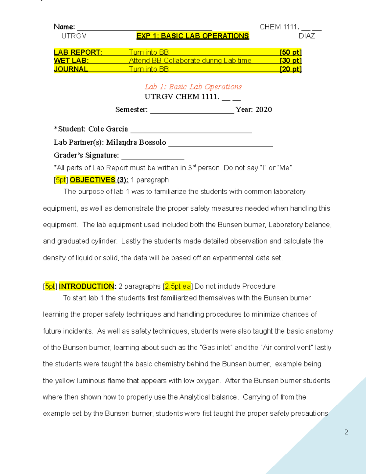 Chem Report 1 - UTRGV EXP 1: BASIC LAB OPERATIONS DIAZ LAB REPORT: WET LAB: Turn into BBAttend ...