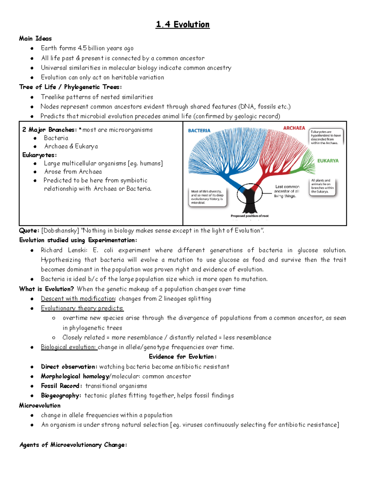 BIOA01 Module 1 Term Test - 1 Evolution Main Ideas Earth forms 4 ...