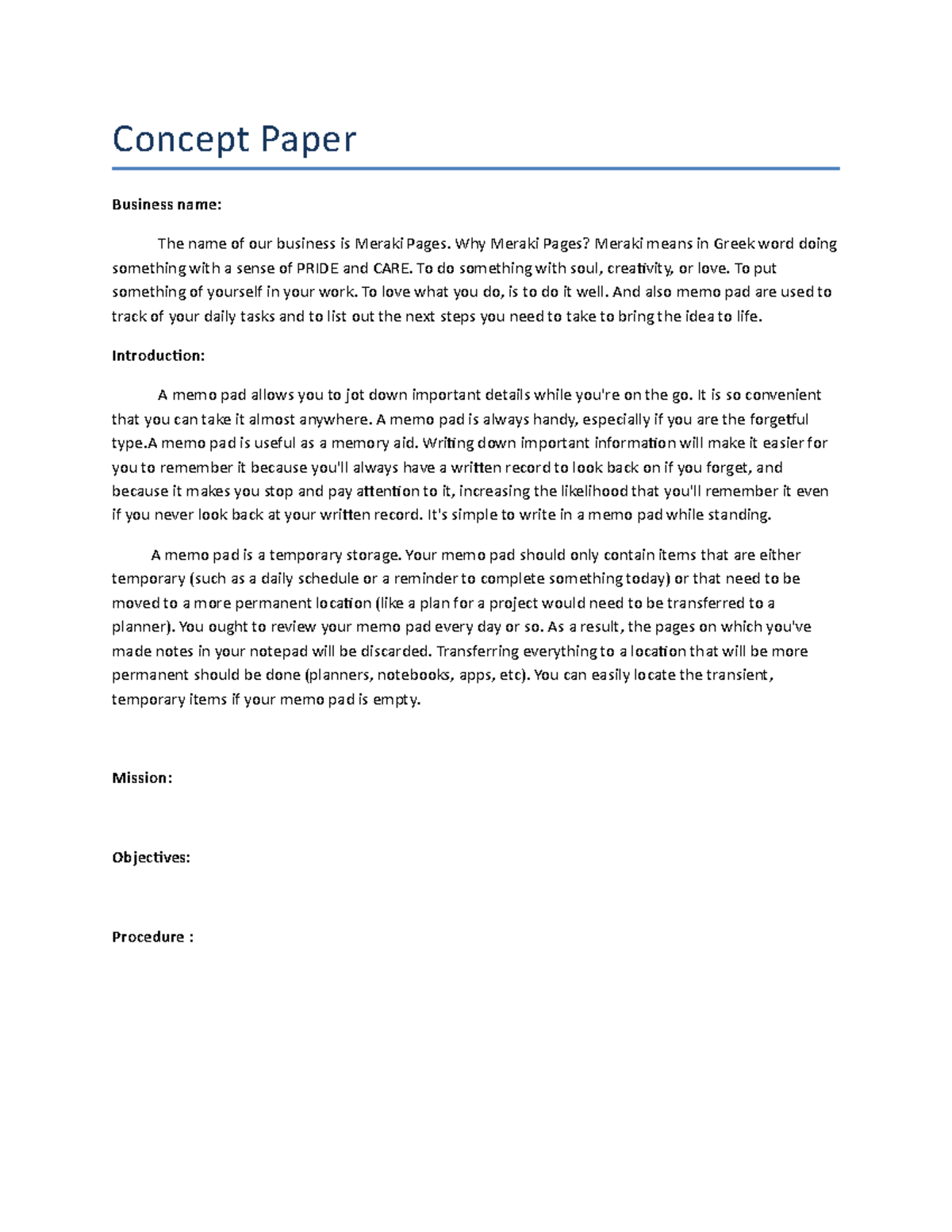 Concept Paper - Concept Paper Business name: The name of our business ...