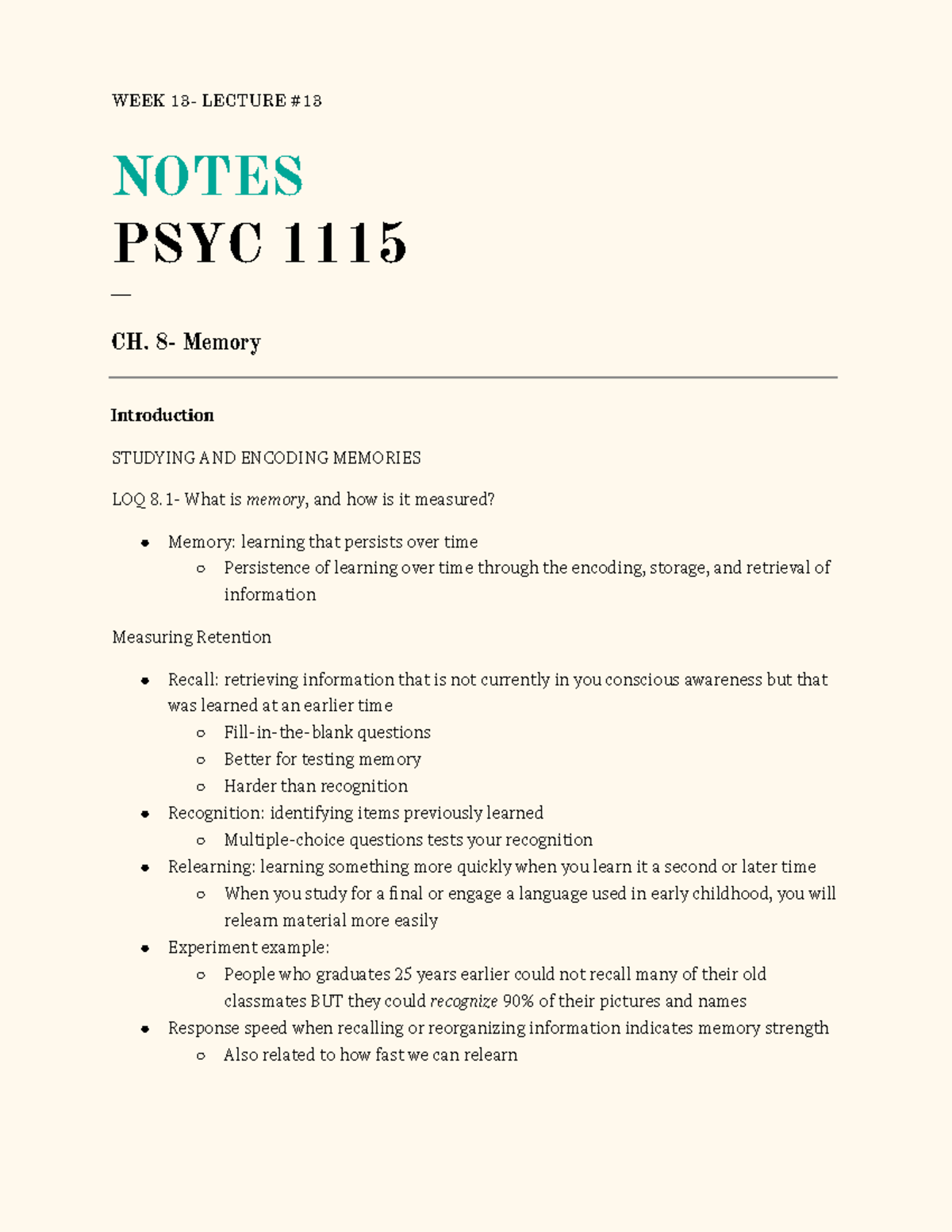 PSYC 1115- CH. 8 Memory - WEEK 13- LECTURE NOTES PSYC 1115 ___ CH. 8 ...