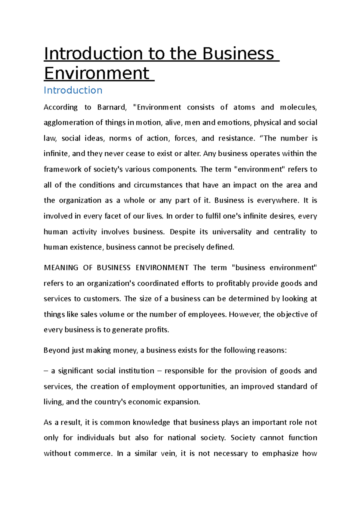 Introduction to the Business Environment - Introduction to the Business ...