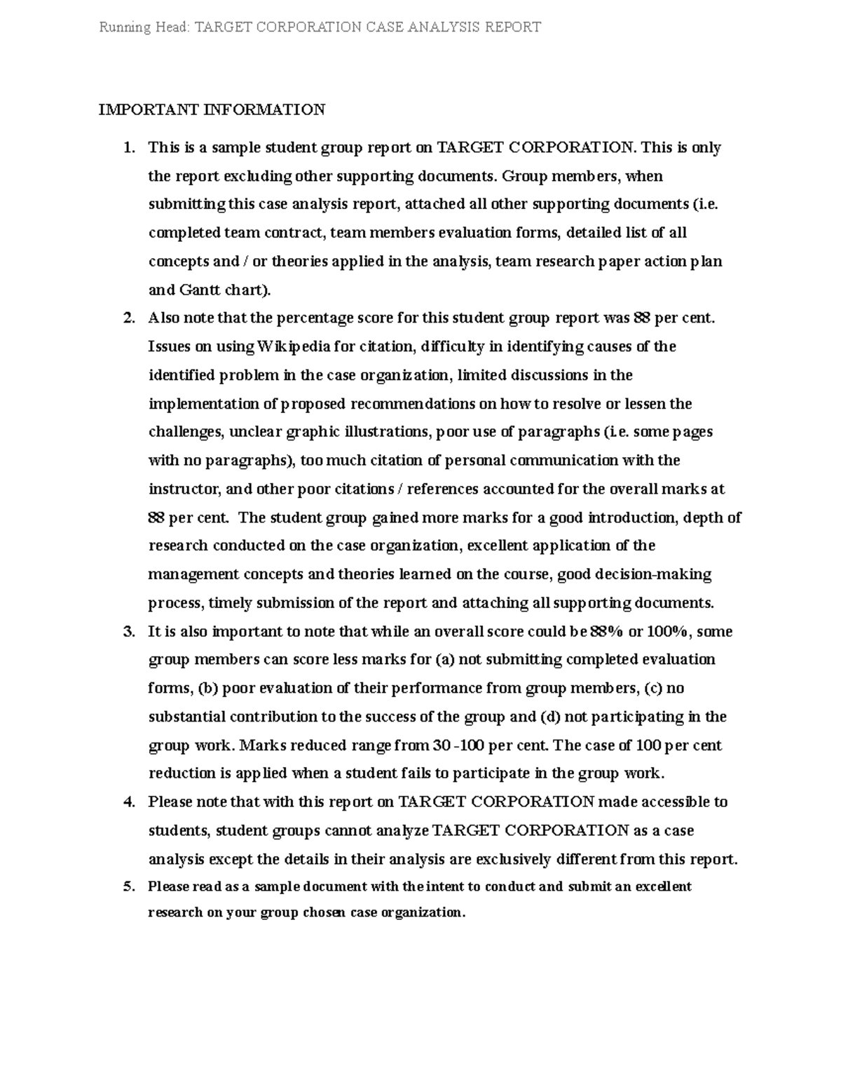 Sample Student Case Analysis Report(1) - Running Head: TARGET ...