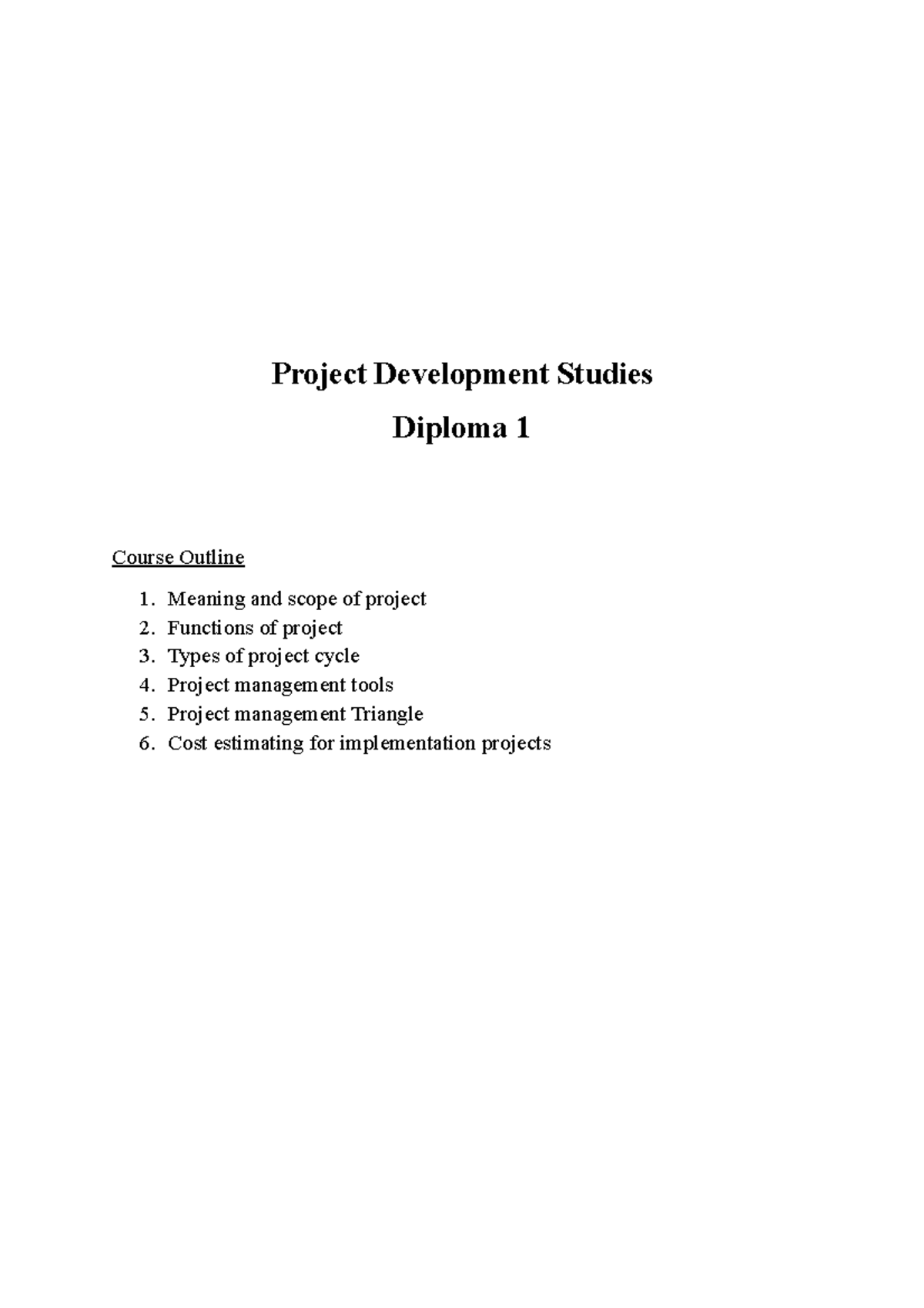Project Management PDS - Project Development Studies Diploma 1 Course ...