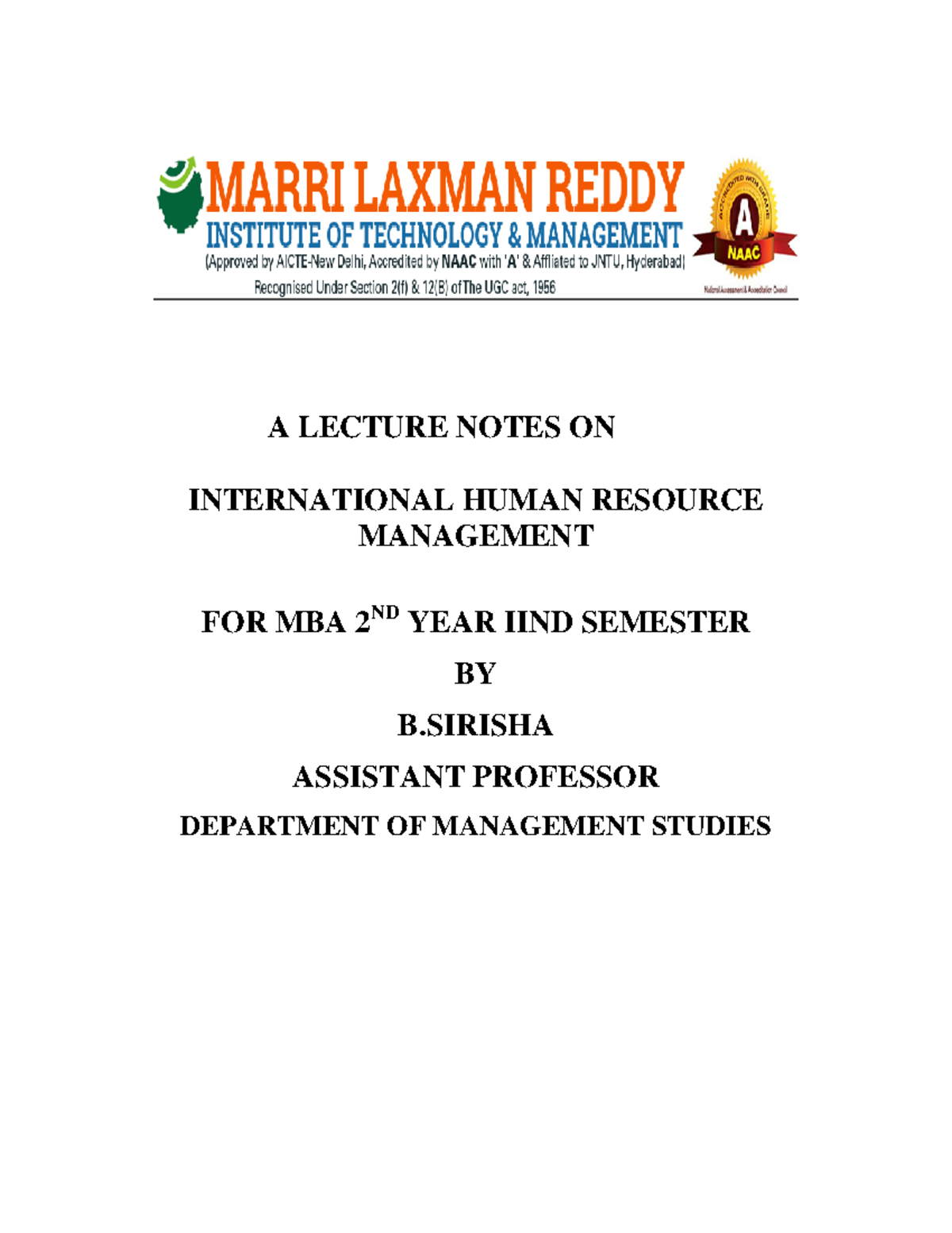 International Human Resource Management - A LECTURE NOTES ON ...