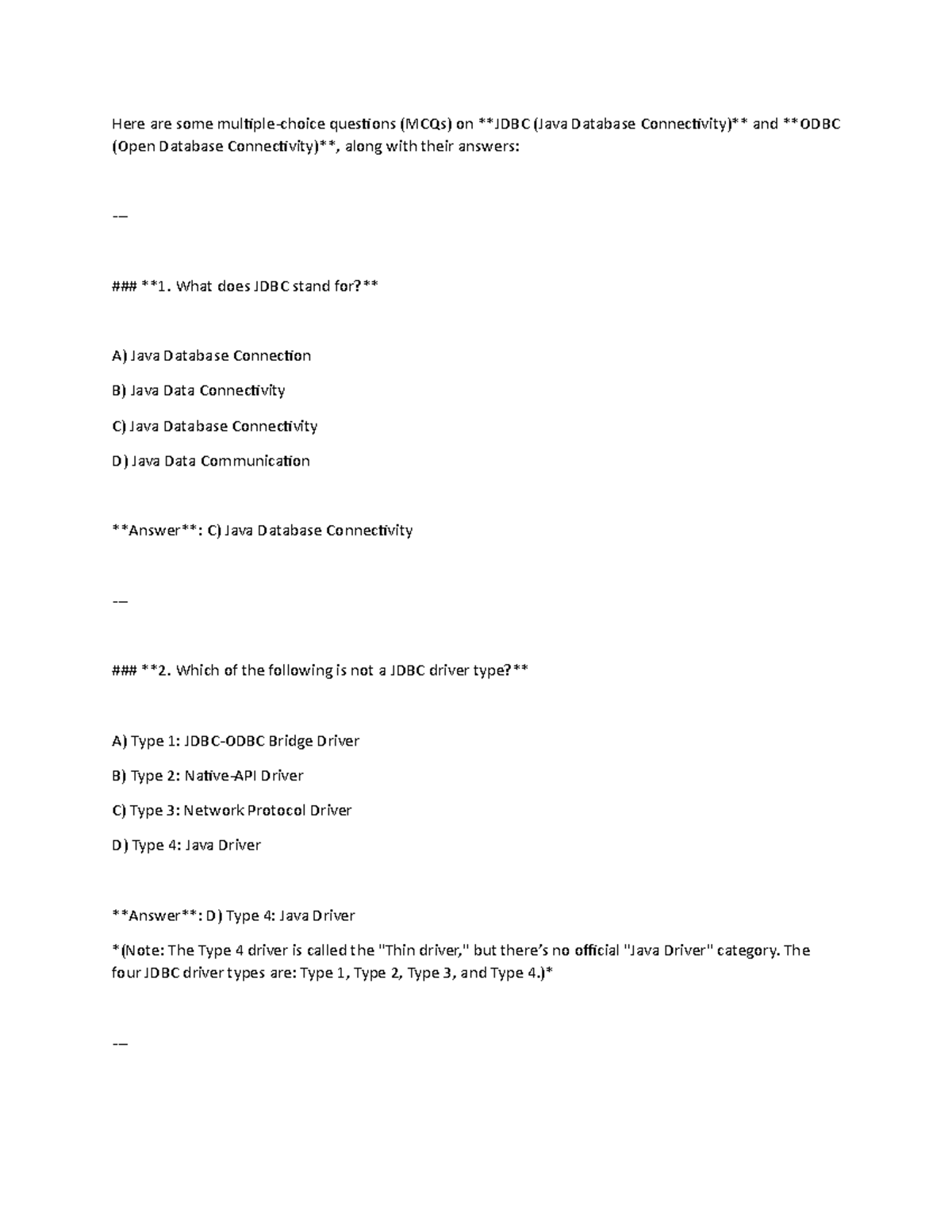 Java MCQ for Sessional 2 - Here are some multiple-choice questions (MCQs) on JDBC (Java Database ...