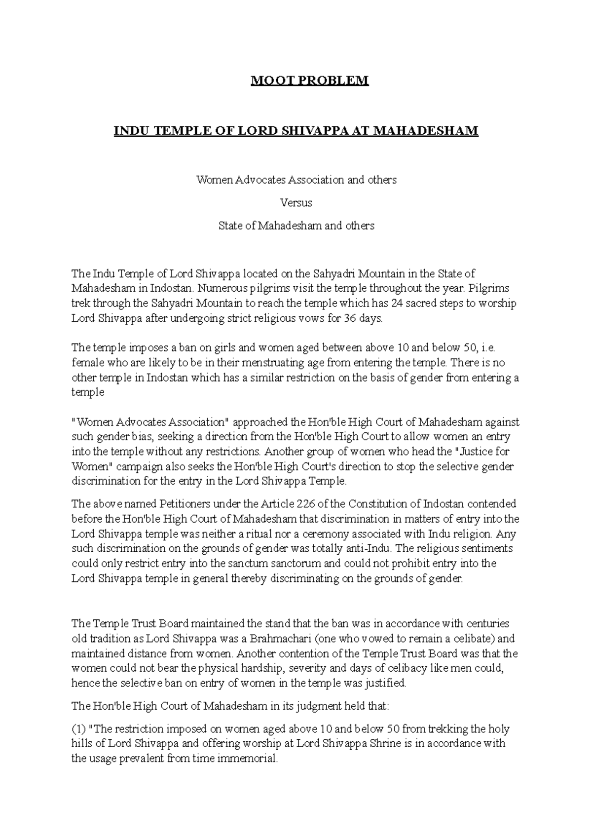 MOOT Court Problem - MOOT PROBLEM INDU TEMPLE OF LORD SHIVAPPA AT ...