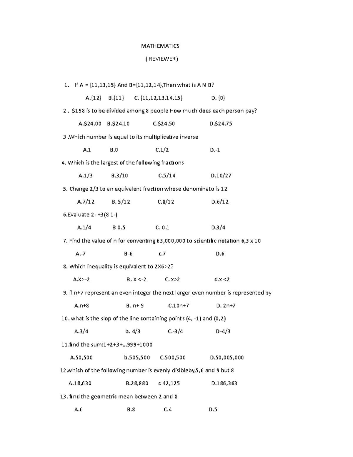 Mathematics This Is A Math MATHEMATICS REVIEWER If A 11 13 15