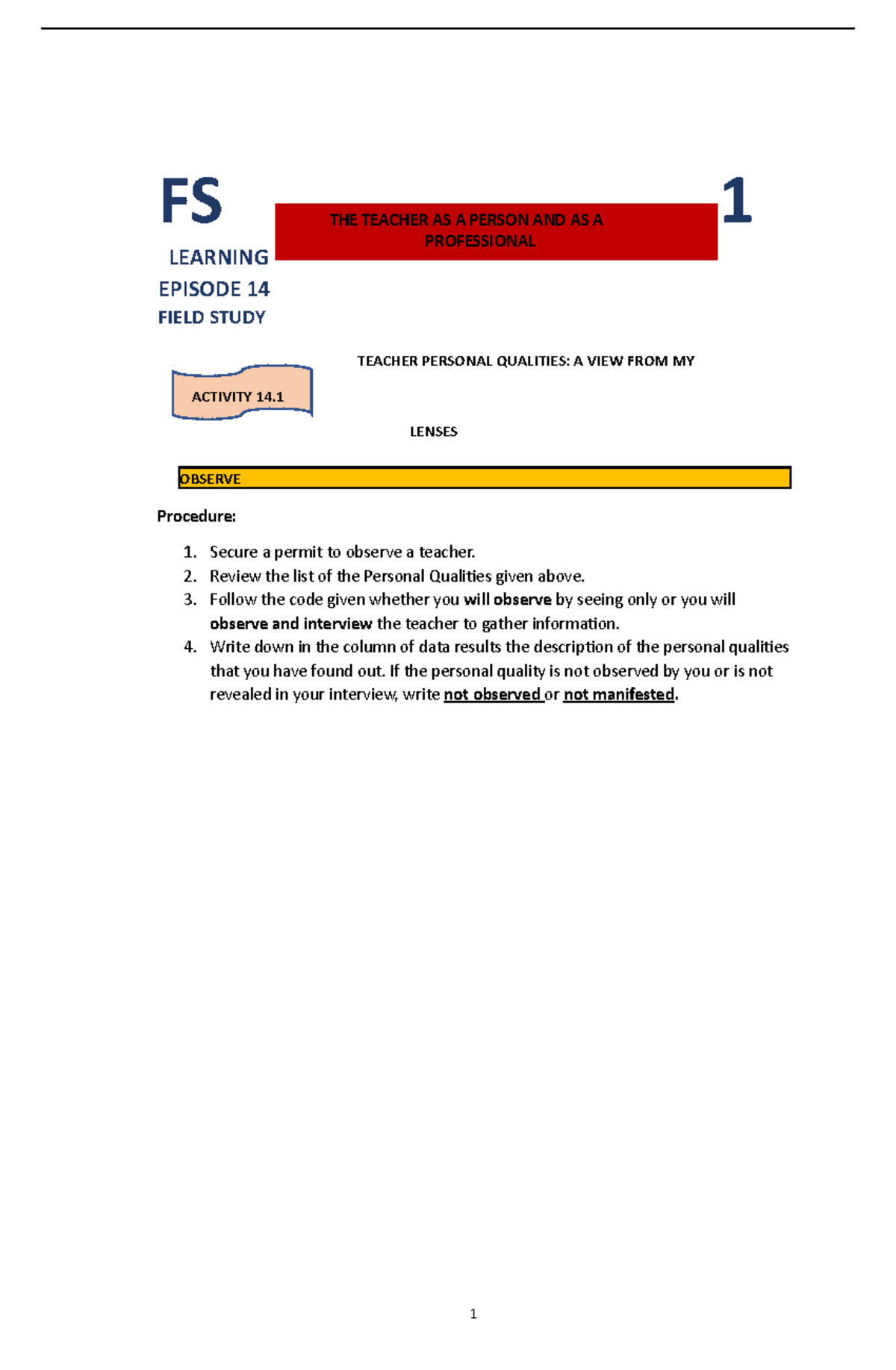 FS 1 Episode 14 - Lecture Notes - FS 1 LEARNING EPISODE 14 FIELD STUDY ...