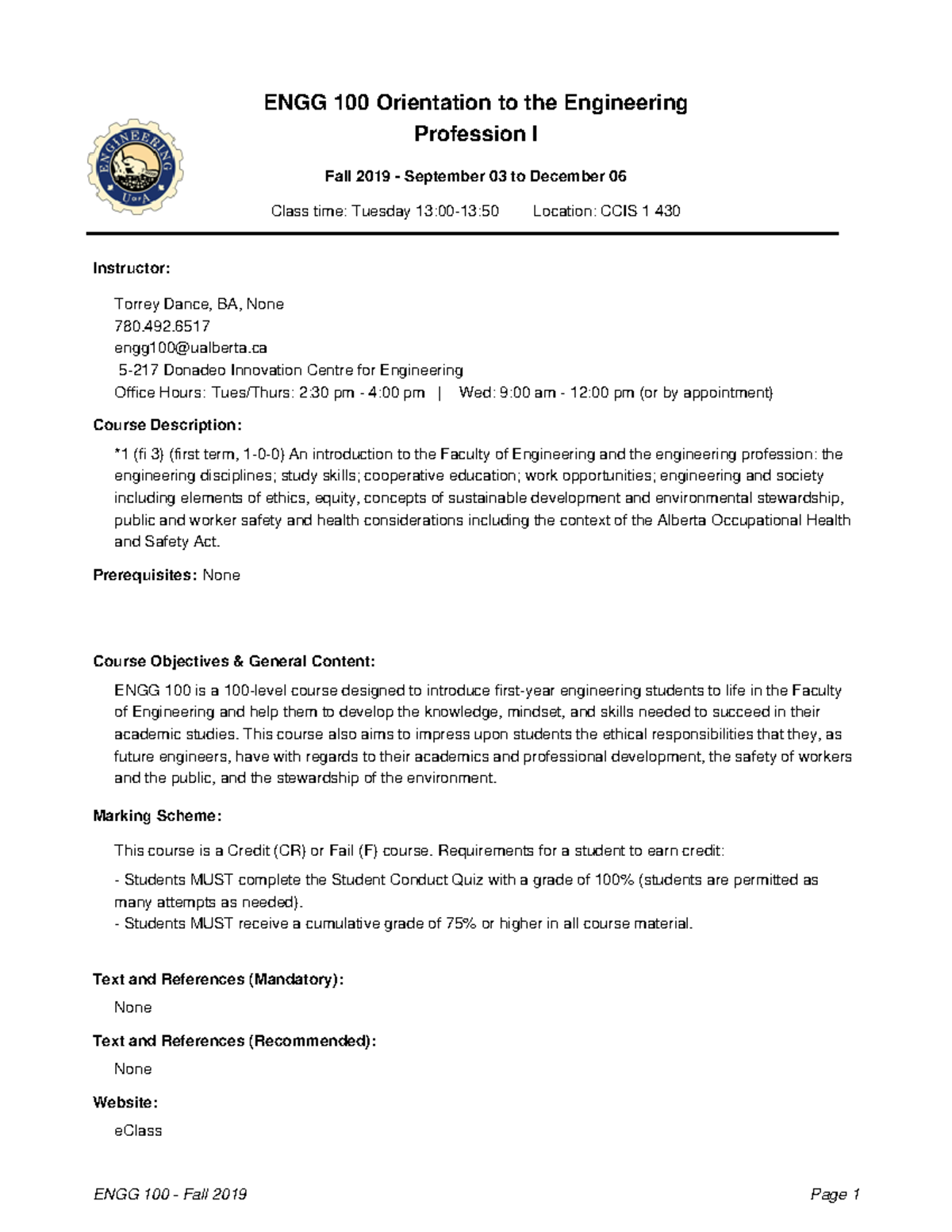 ENGG 100 Syllabus (Sec A1) Updated - ENGG 100 Orientation to the ...