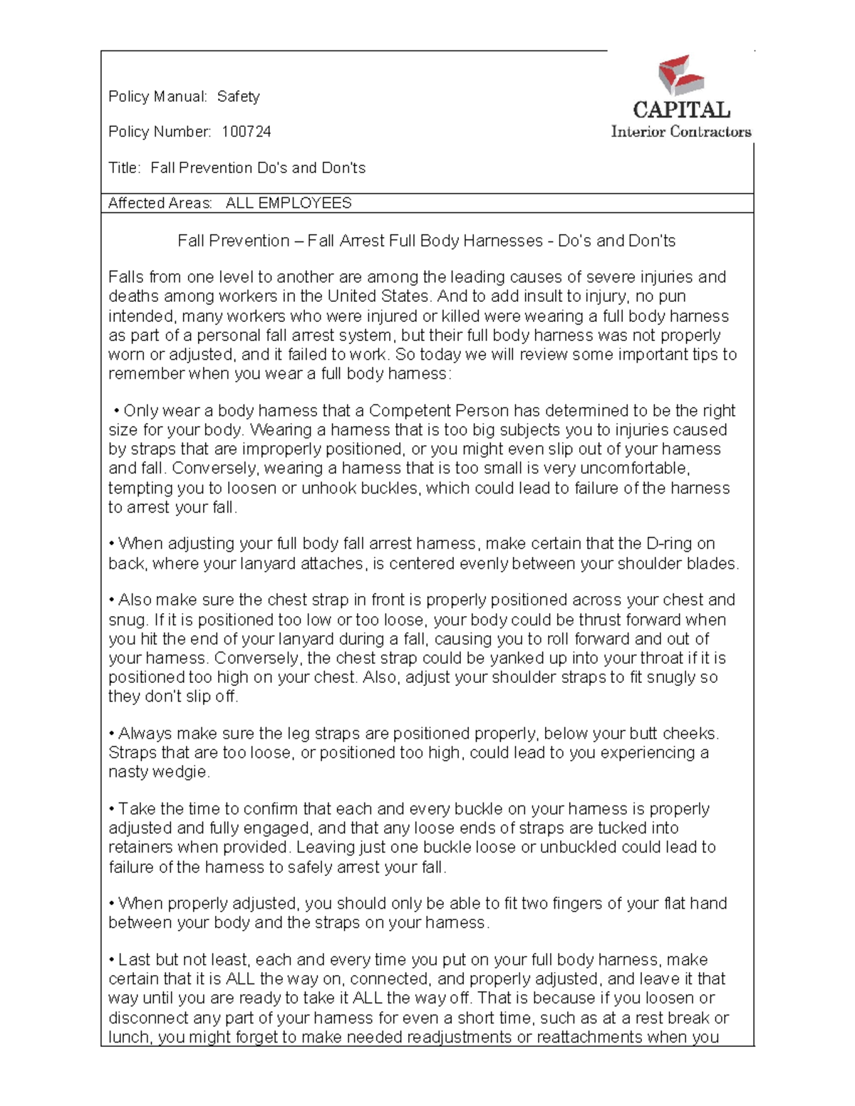Fall Prevention Do's and Don'ts 2024 - Policy Manual: Safety Policy ...
