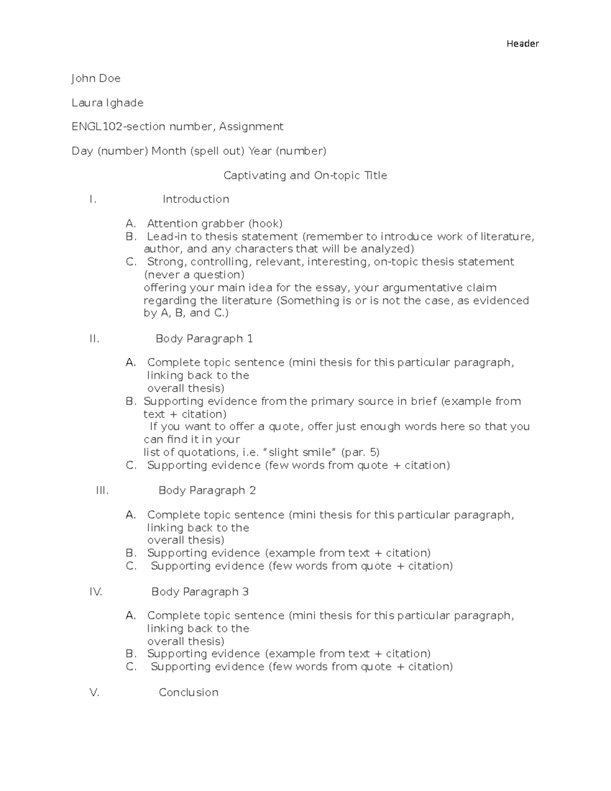 Outline template - Professor: Laura Ighade - Header John Doe Laura ...