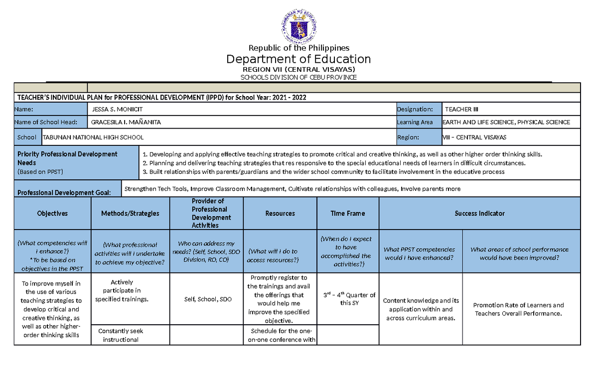 Monicit Teacher’S Individual PLAN (School Year 2021 - 2022)2 - Republic ...