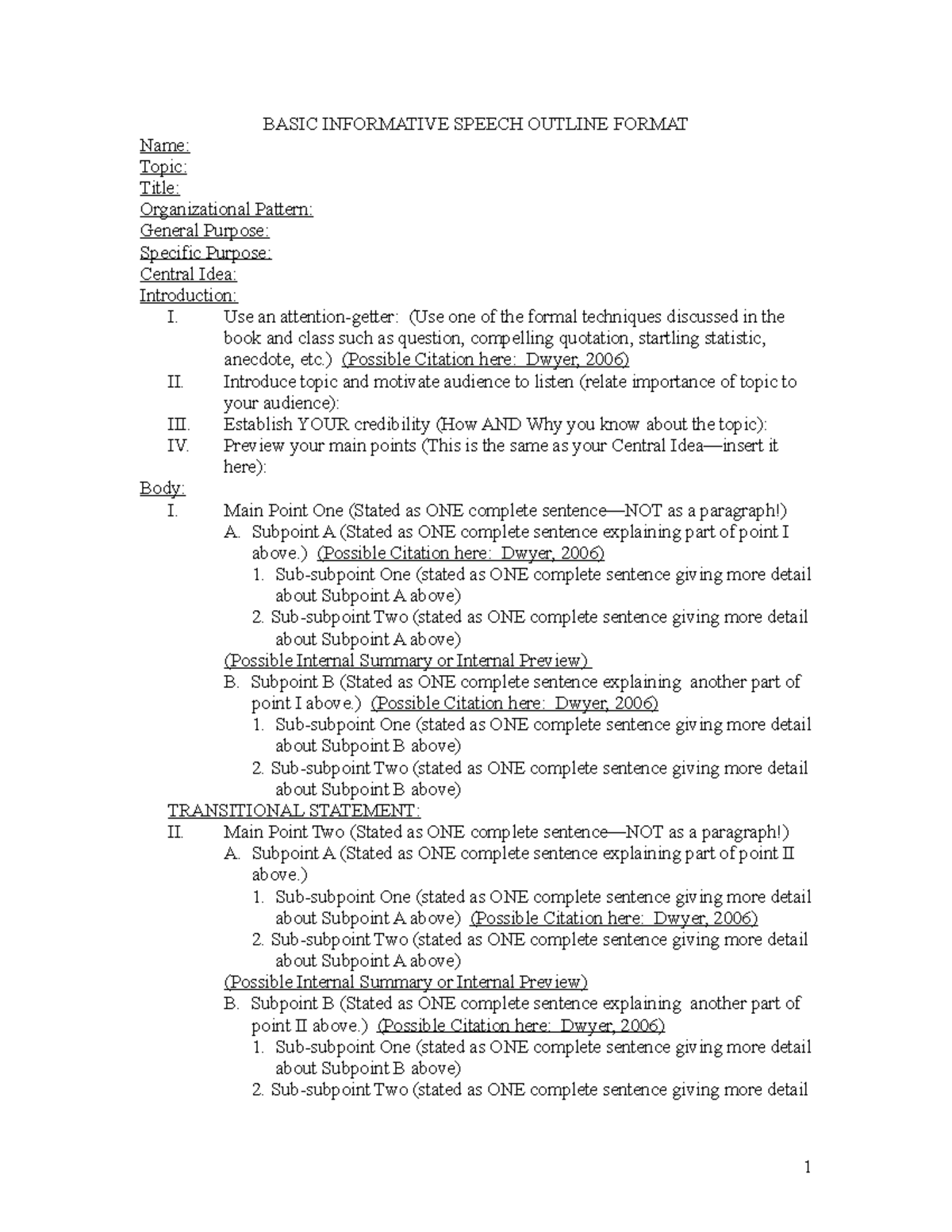 Basic informative speech outline format inf 2 - BASIC INFORMATIVE ...