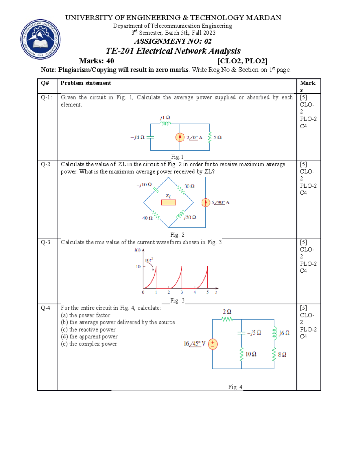 Assignment # 2 - UNIVERSITY OF ENGINEERING & TECHNOLOGY MARDAN Department of Telecommunication ...