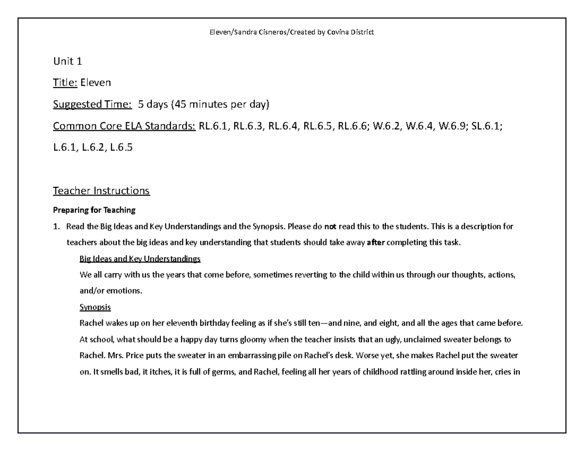6.Eleven.lesson - Anthology - Unit 1 Title: Eleven Suggested Time: 5 ...