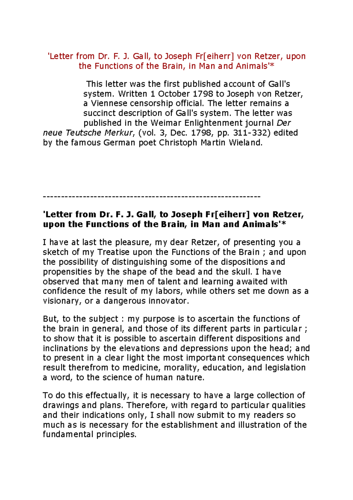 Week 8 Letter from Gall to Joseph - 'Letter from Dr. F. J. Gall, to ...