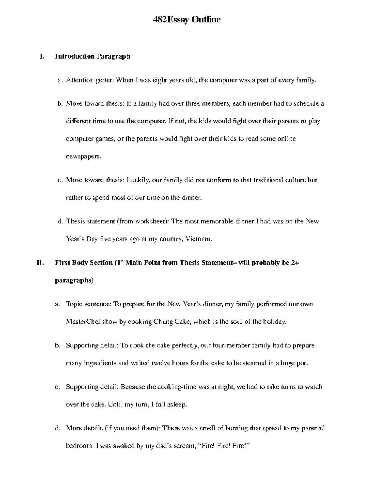 The dinner on the New Year's Day - 482Essay Outline I. Introduction ...