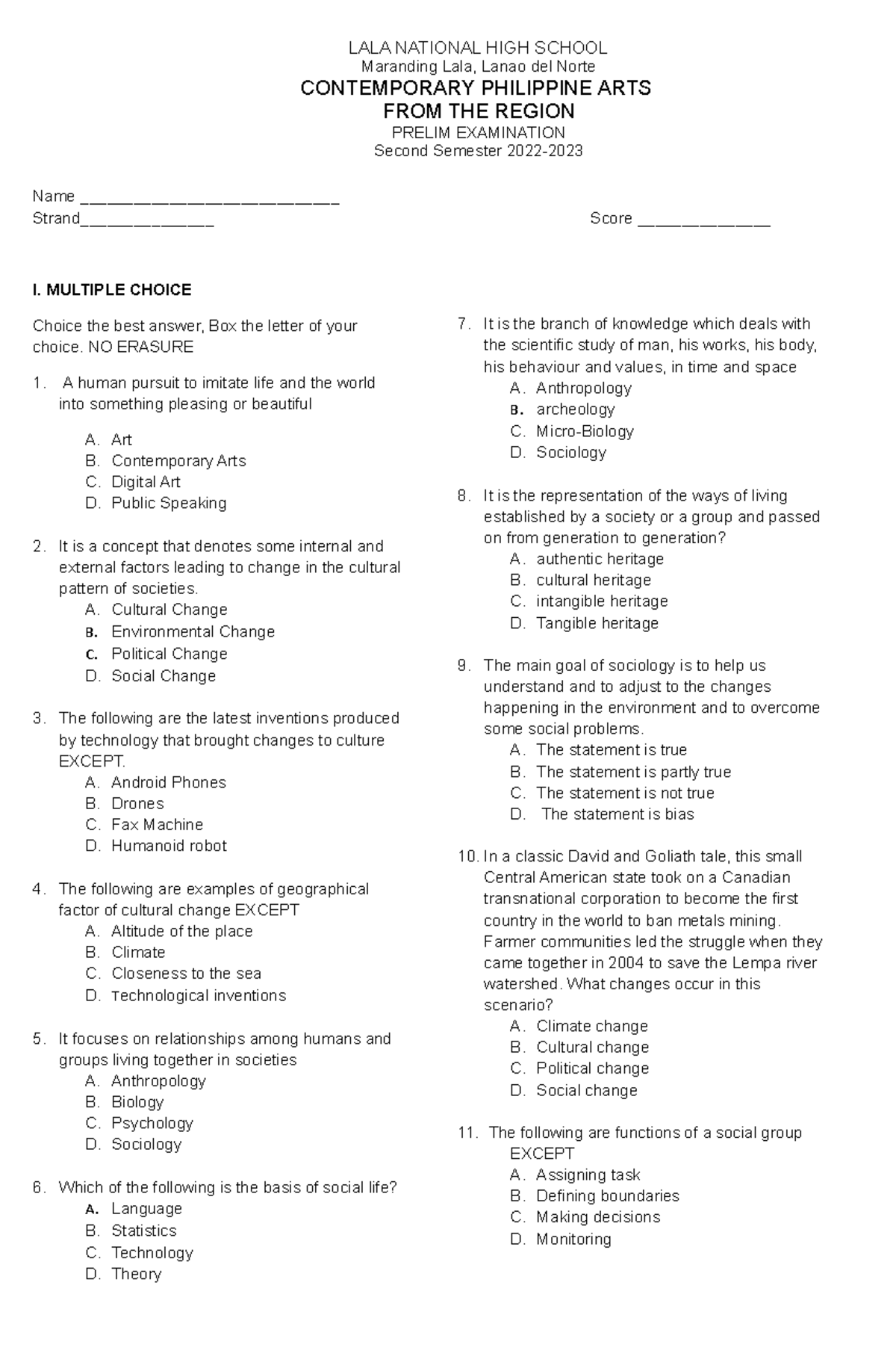 Contempo EXAM 2022-2023 - Name _____________________________ Strand ...