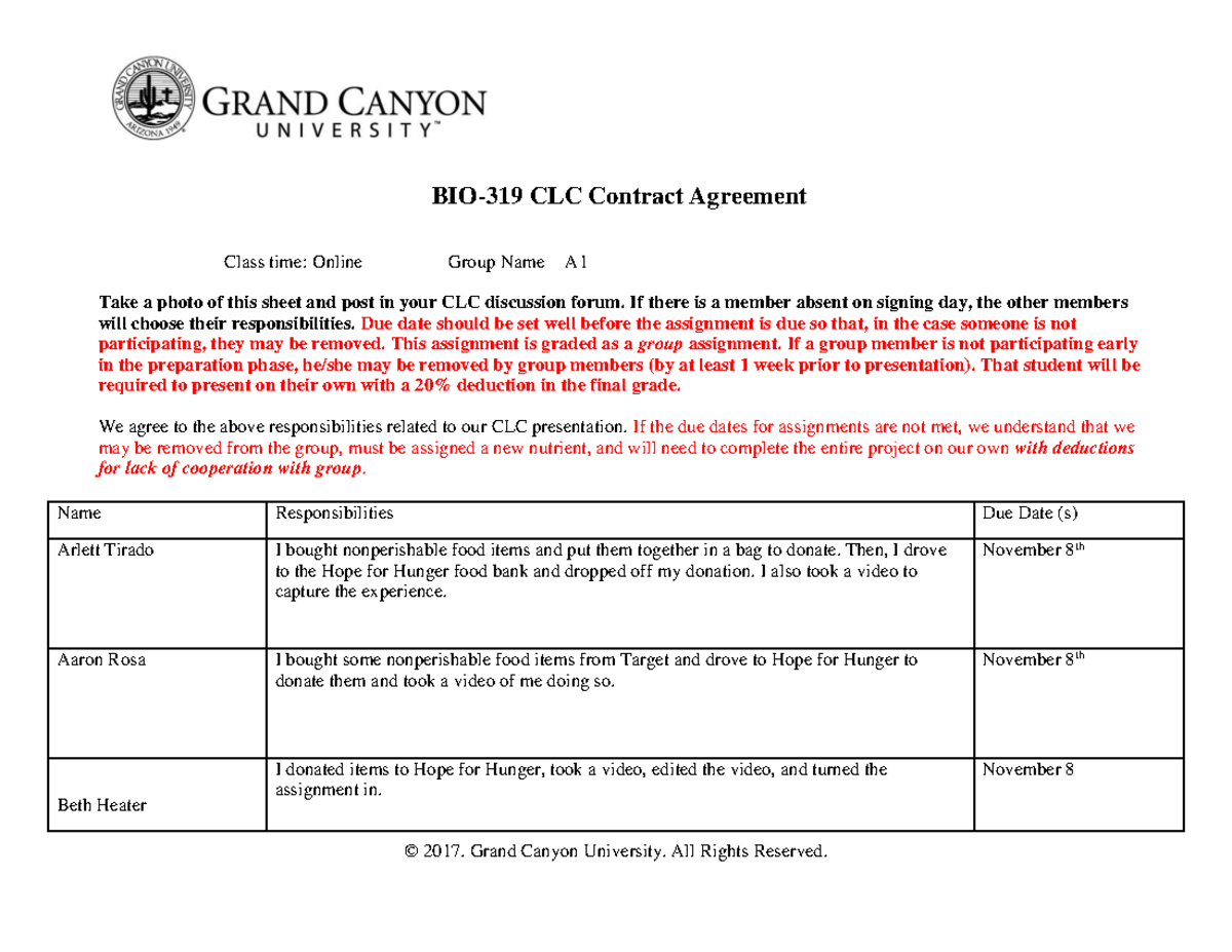 BIO 319 RS CLCContract Agreement - © 201 7. Grand Canyon University ...