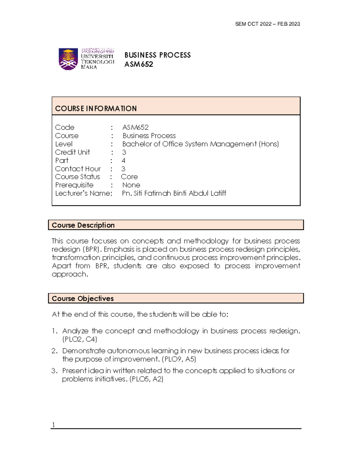 Lesson PLAN ASM652 RMAR October 2022 - Student - COURSE INFORMATION ...