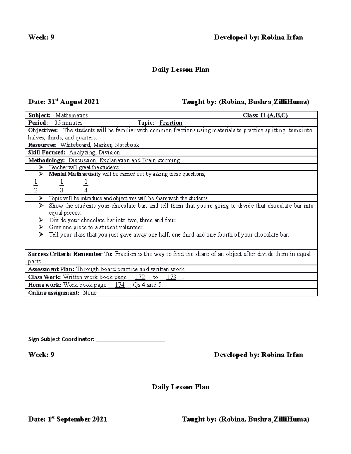 Lesson plan Fraction 1 - Week: 9 Developed by: Robina Irfan Daily ...