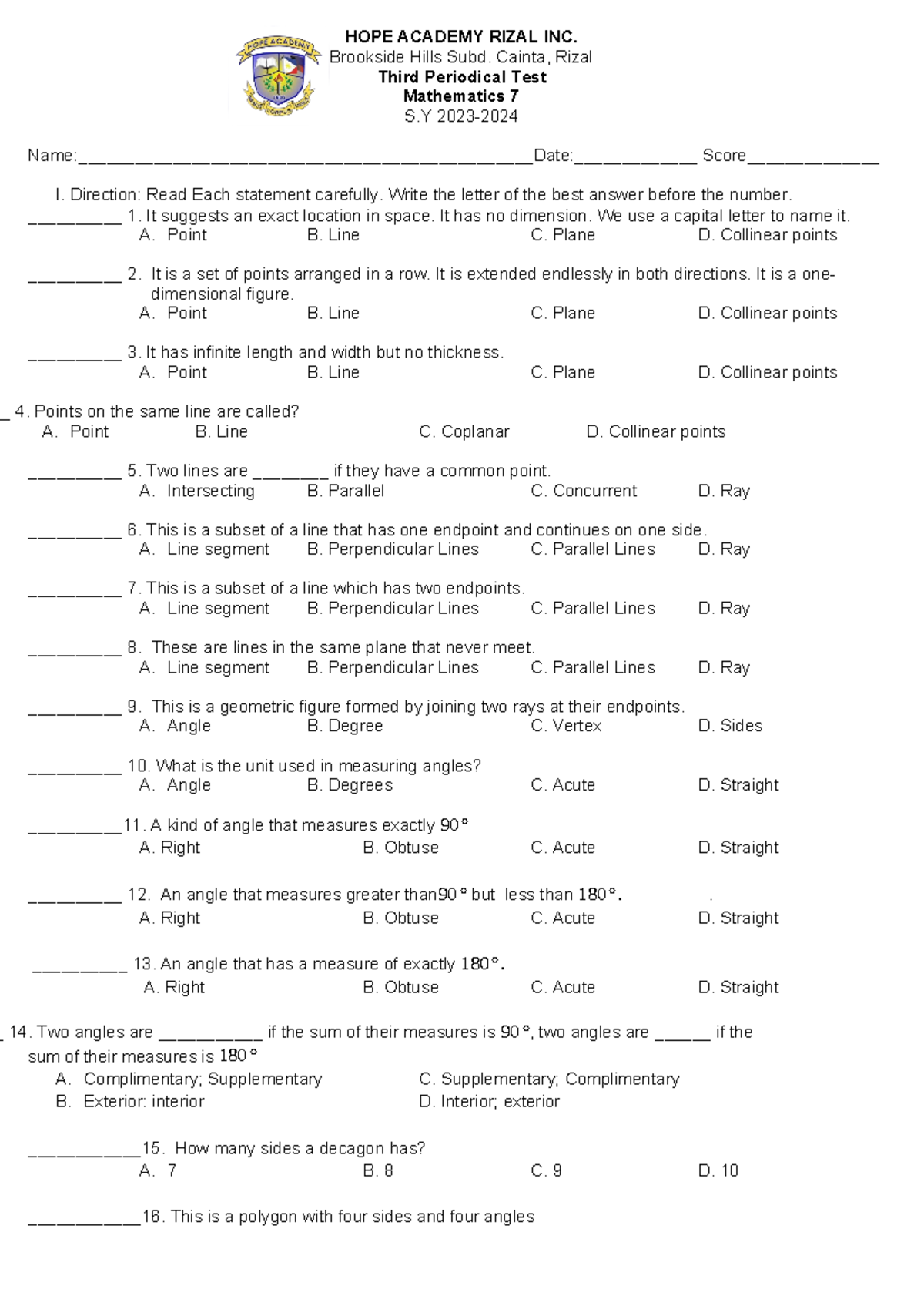 Third Periodical TEST - HOPE ACADEMY RIZAL INC. Brookside Hills Subd ...