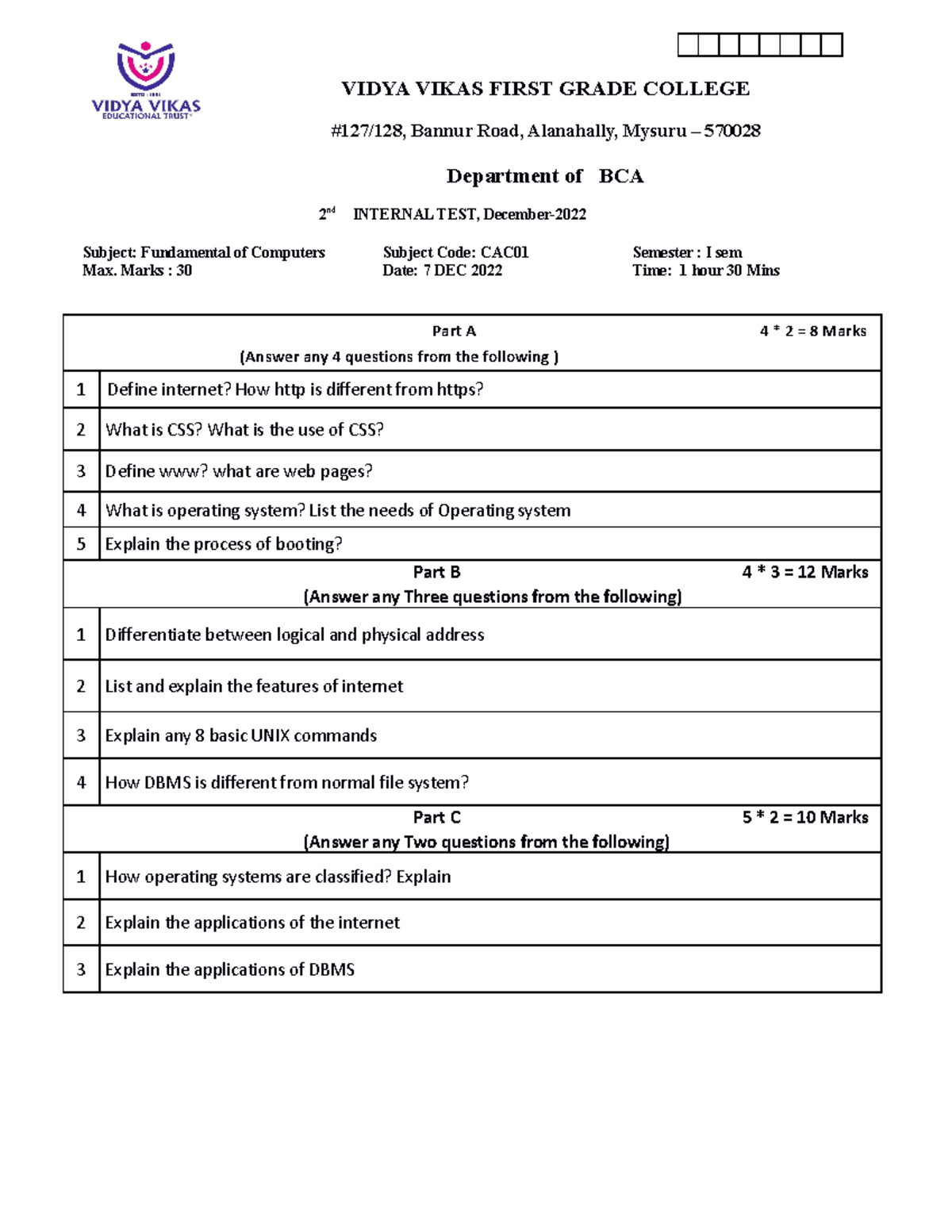 BCA 1 sem QP FOC NEP22-23 C2 - VIDYA VIKAS FIRST GRADE COLLEGE #127/128 ...