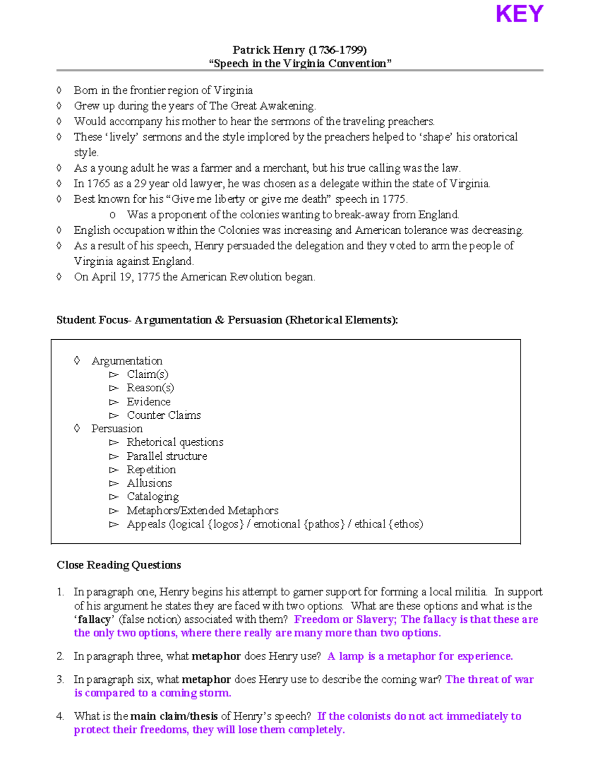 Henry 16 KEY - KEY Patrick Henry (1736-1799) “Speech in the Virginia ...