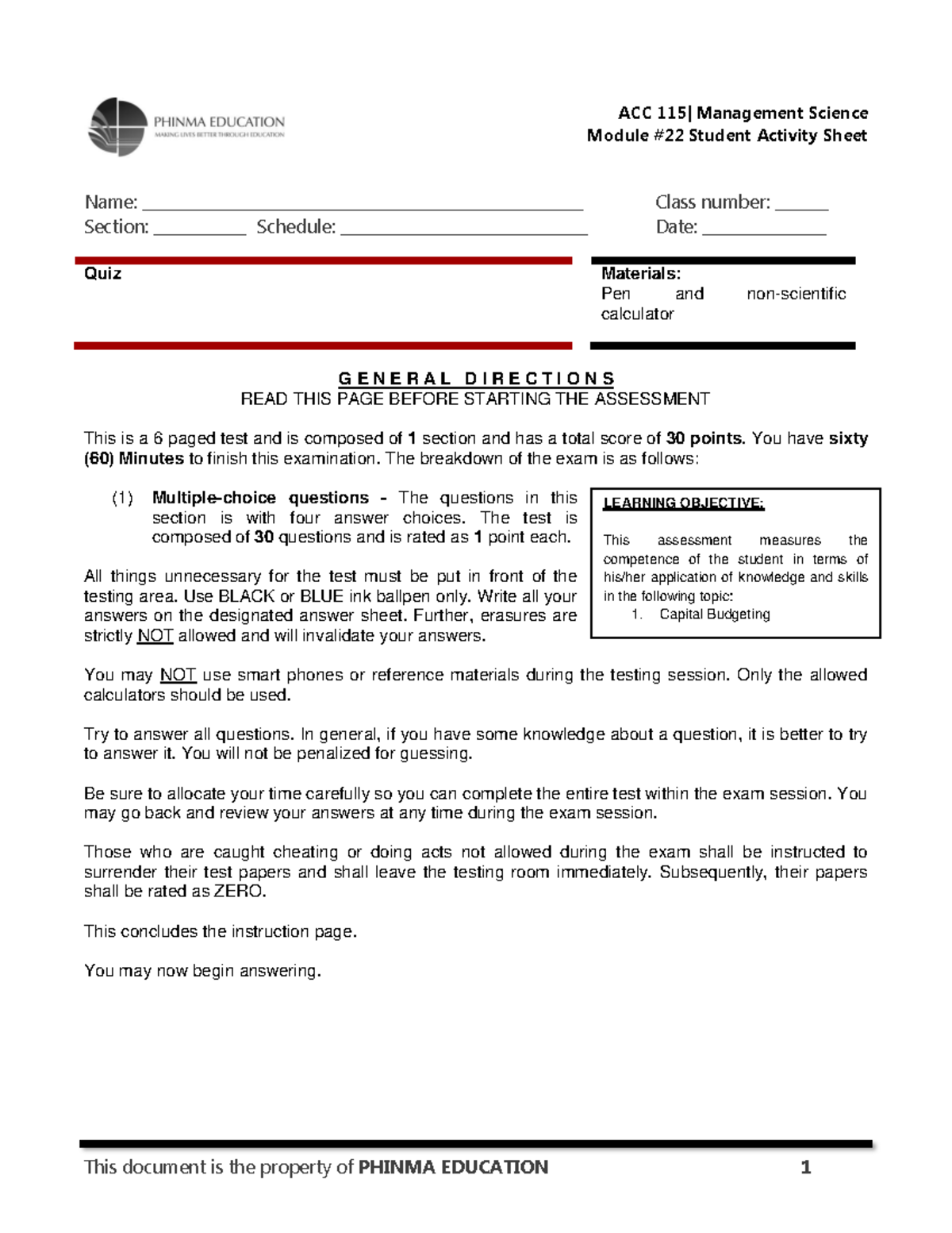 SAS#22-ACC115 - QUIZ - review material - Module #22 Student Activity ...