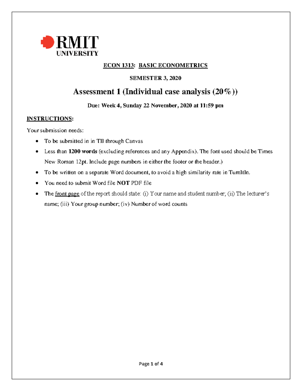 Assessment-1-S3 2020 - Rmit - ECON 1313: BASIC ECONOMETRICS SEMESTER 3, 2020 Assessment 1 - Studocu