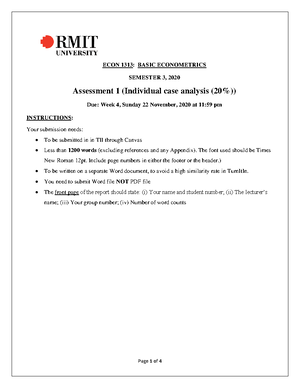 Assessment 2 Sem 2022A - ECON 1313: BASIC ECONOMETRICS Semester 1, 2022 Assessment #2: Empirical ...