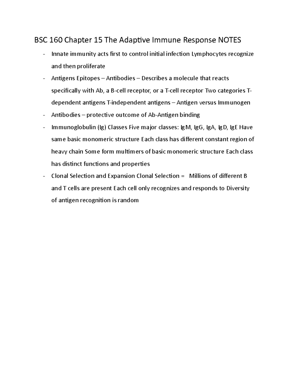 BSC 160 Chapter 15 The Adaptive Immune Response Notes - BSC 160 Chapter ...